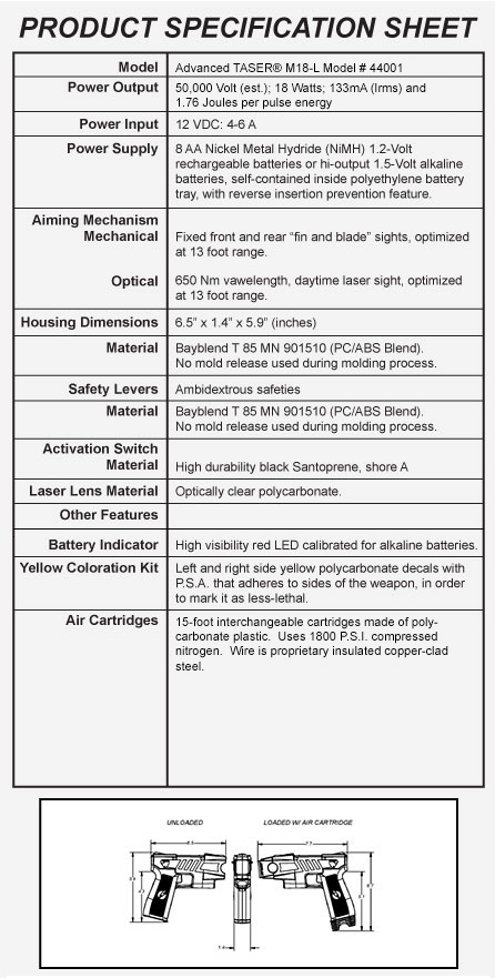 M18 Taser Specification Sheet